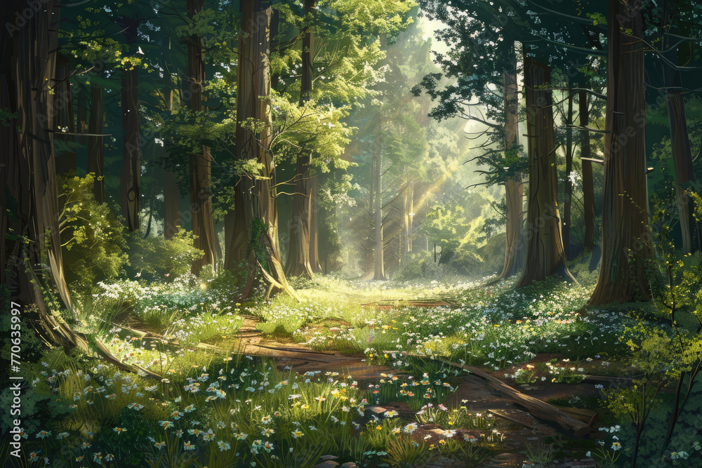 Forest Clearing: a peaceful forest clearing, with tall trees in the ...