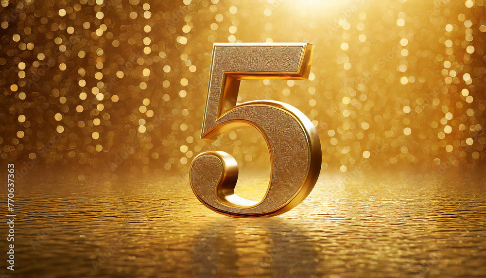 Golden number 5 on golden background with bokeh. 3D rendering. Stock ...
