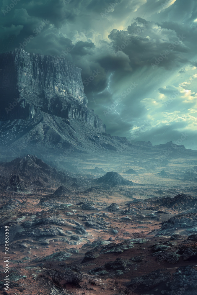 A dramatic landscape depicting a rugged, mountainous terrain under a ...