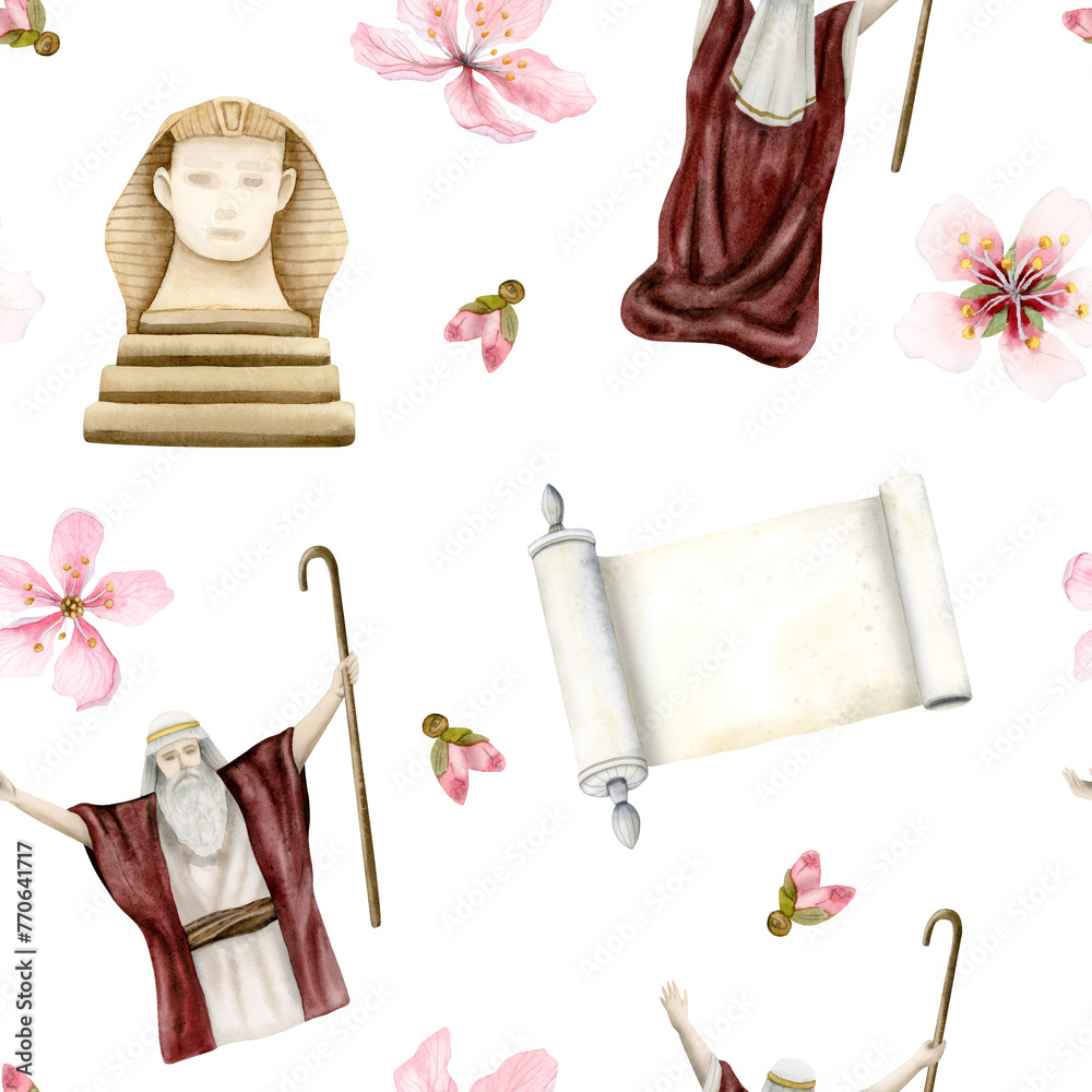 Egypt statue of Sphinx, Jewish prophet Moses and Torah scroll ...