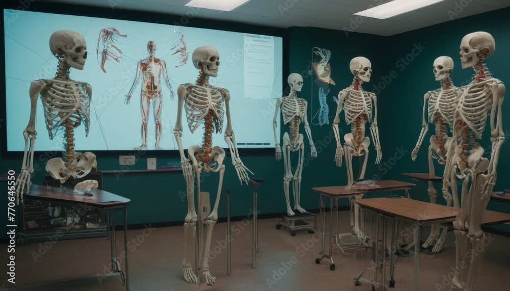 An array of human skeleton models posed in a classroom setting, with ...