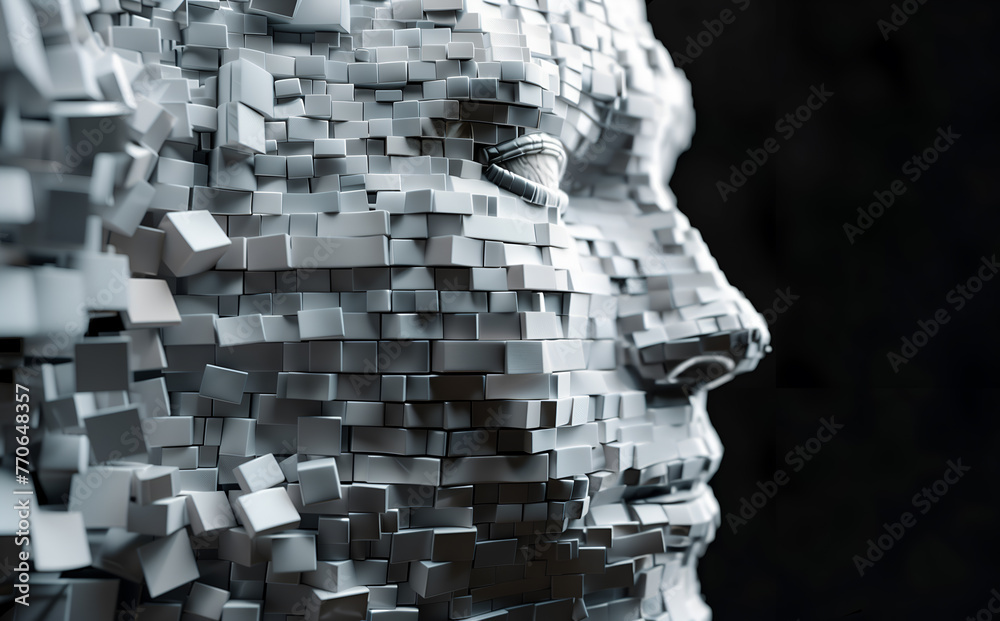 AI robot face created using white and gray cubes, big data, machine ...