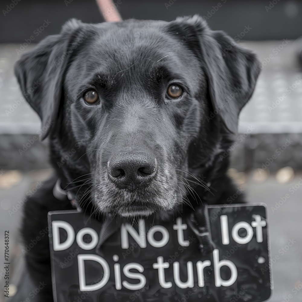 Attentive black guide dog with a 'Do Not Disturb' sign looking at the ...