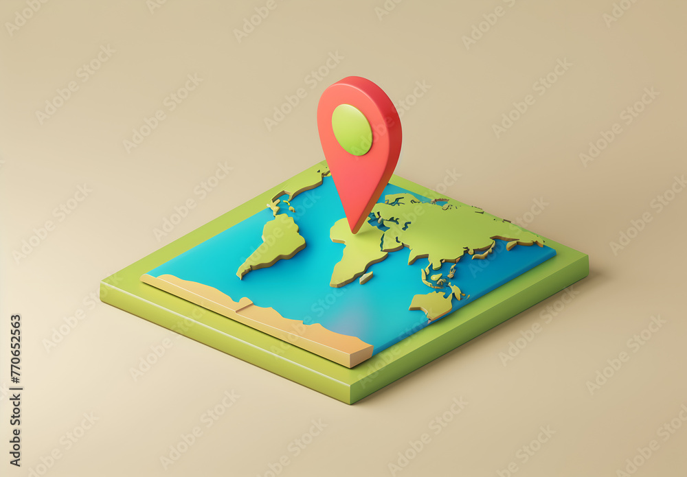 3D isometric map with location pin using green and blue colors of the ...