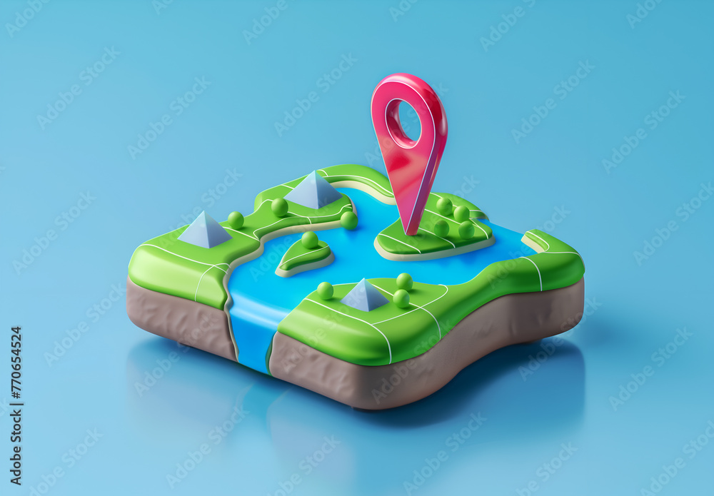 3D isometric map with location pin using green and blue colors of the ...