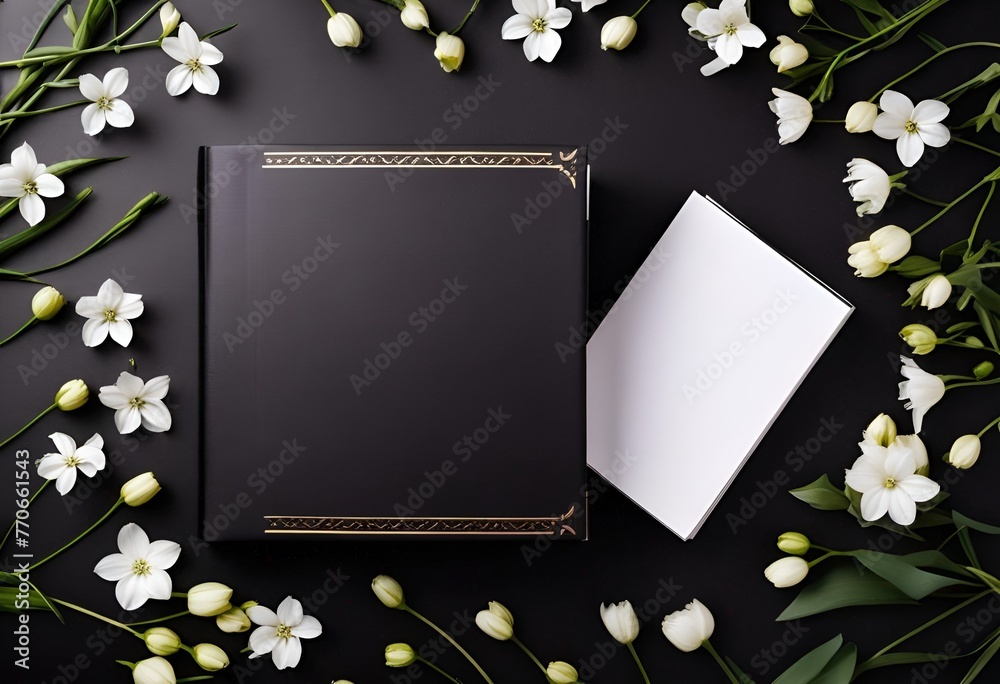 black book with one paper outside with white flowers around on black ...
