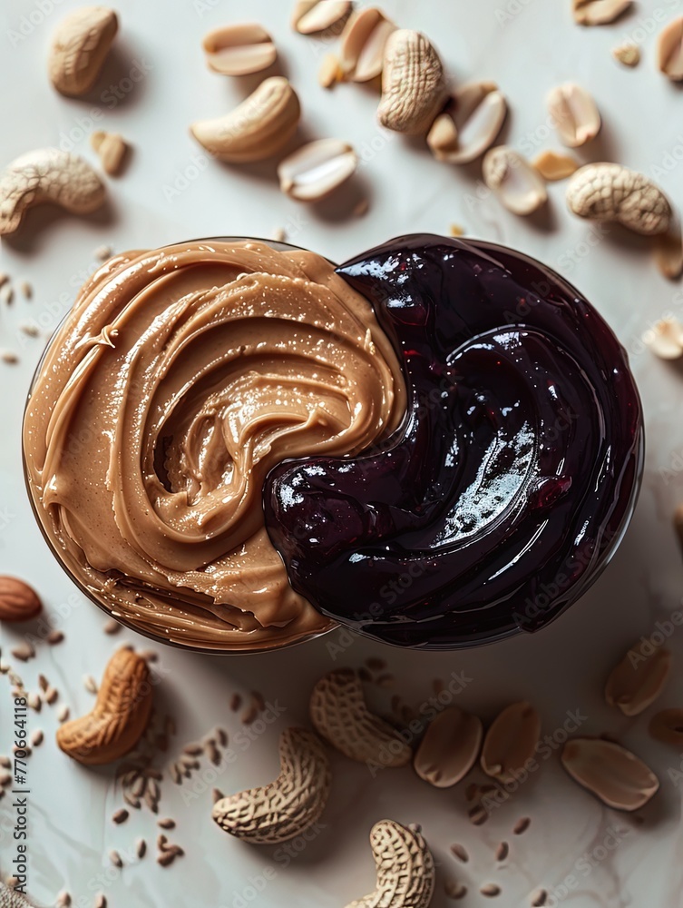 closeup peanut butter and jelly smeared into a yin and yang shape on a ...