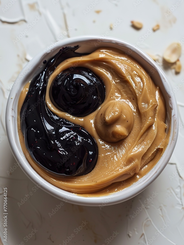closeup peanut butter and jelly smeared into a yin and yang shape on a ...