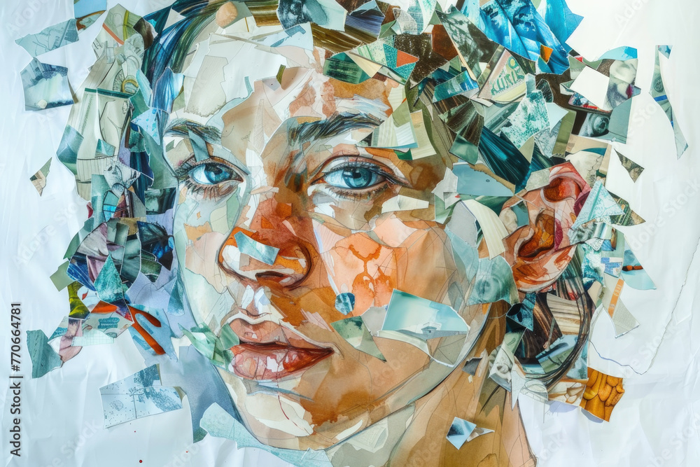 Watercolor painting depicting a womans face with shards of broken glass ...