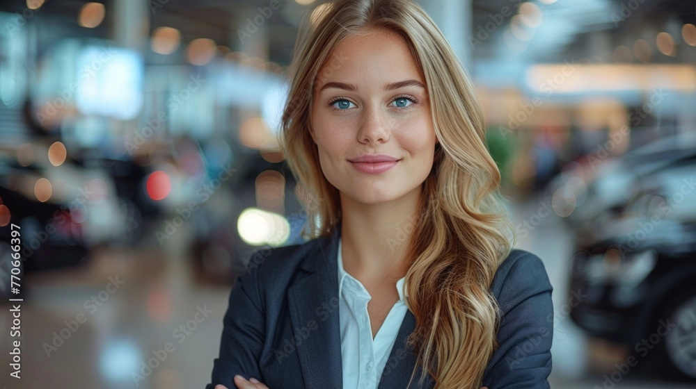 Smiling saleswoman holding document while looking at camera at car ...