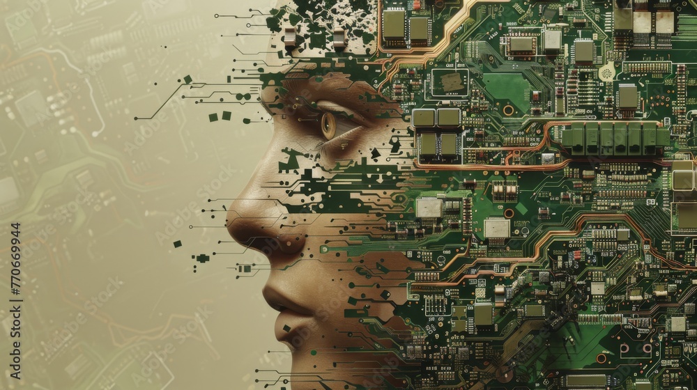 Artistic rendering of a human head profile merged with electronic chip ...