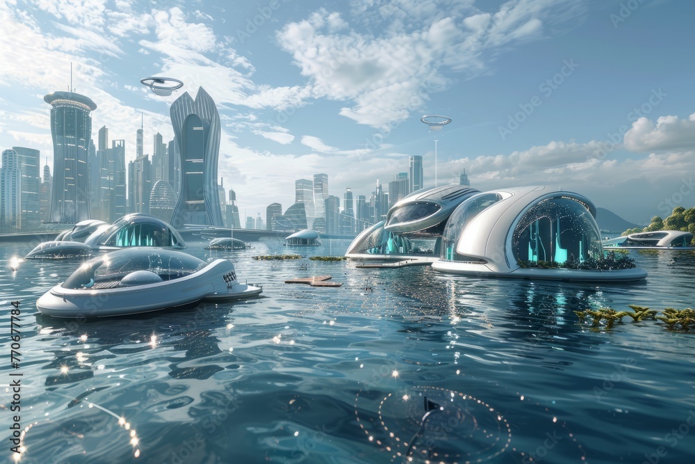 View of a futuristic city floating on top of a body of water ...