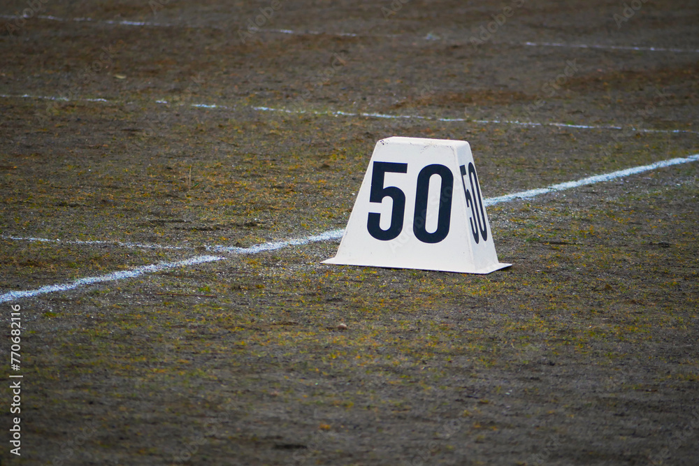 50 meter mark in a track and field arena for trowing competitions Stock ...