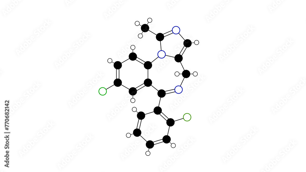 midazolam molecule, structural chemical formula, ball-and-stick model ...