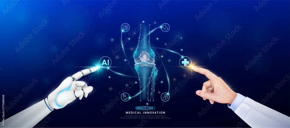 Bone knee joint in atom. Doctor and robot finger touching icon AI cross ...