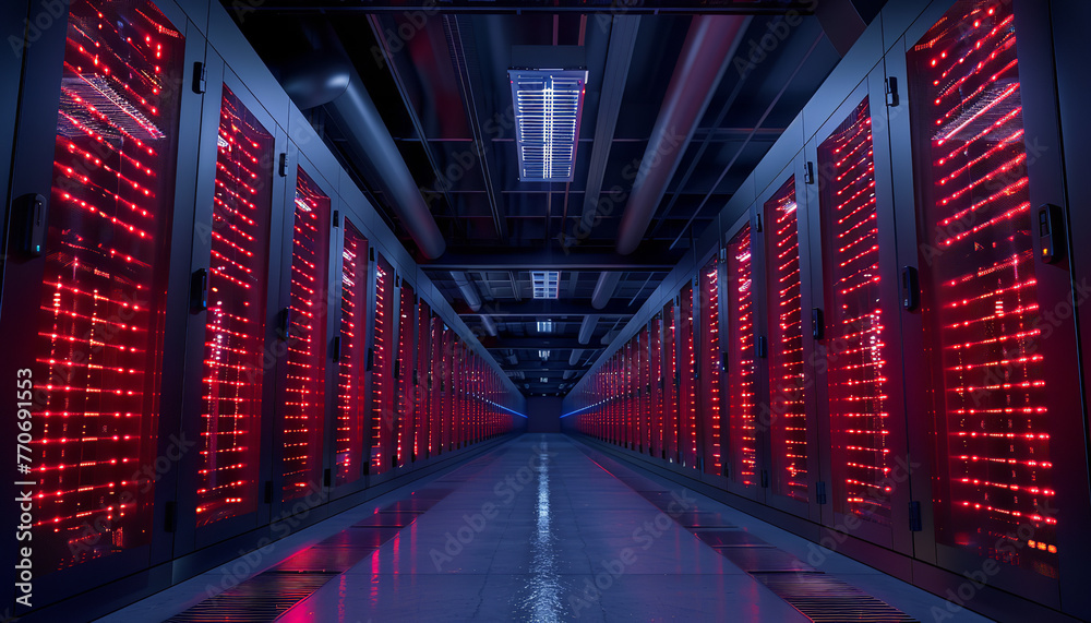 A modern data center stands under a menacing digital cloud ...