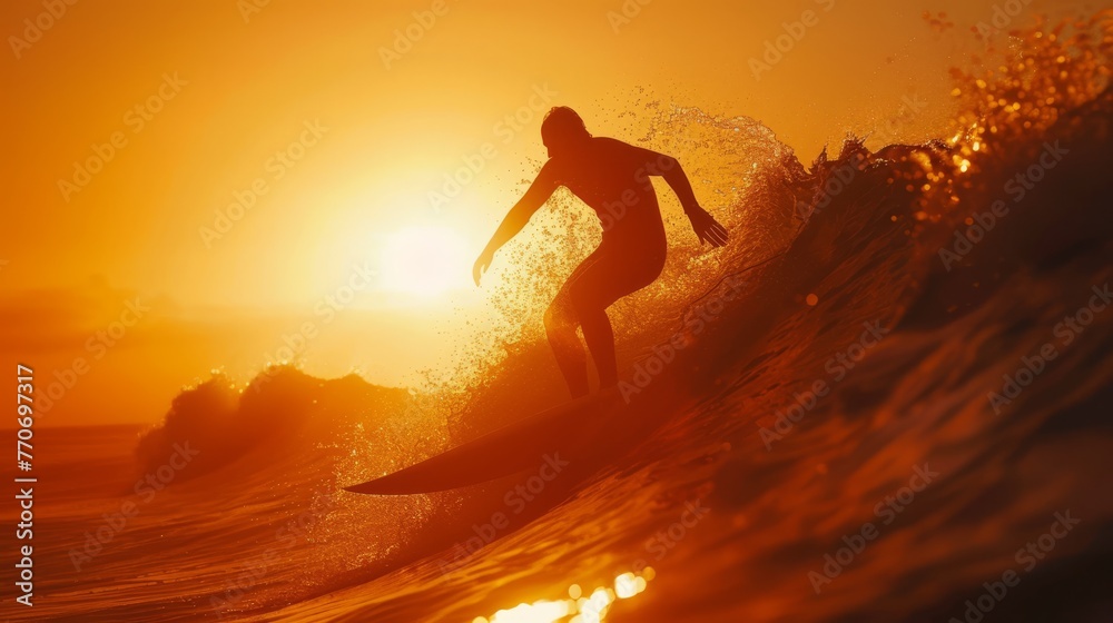 Golden-hour surfing, a captivating scene of a surfer amidst the sunlit ...