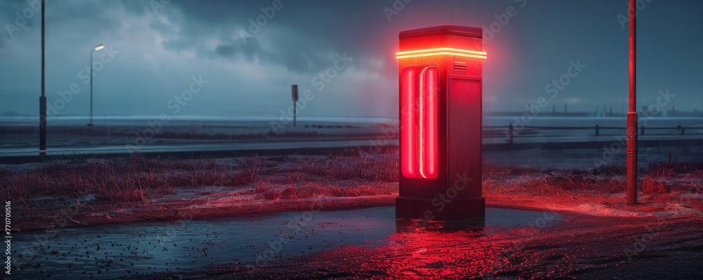 Futuristic postbox with neon glow, emitting both physical letters and ...