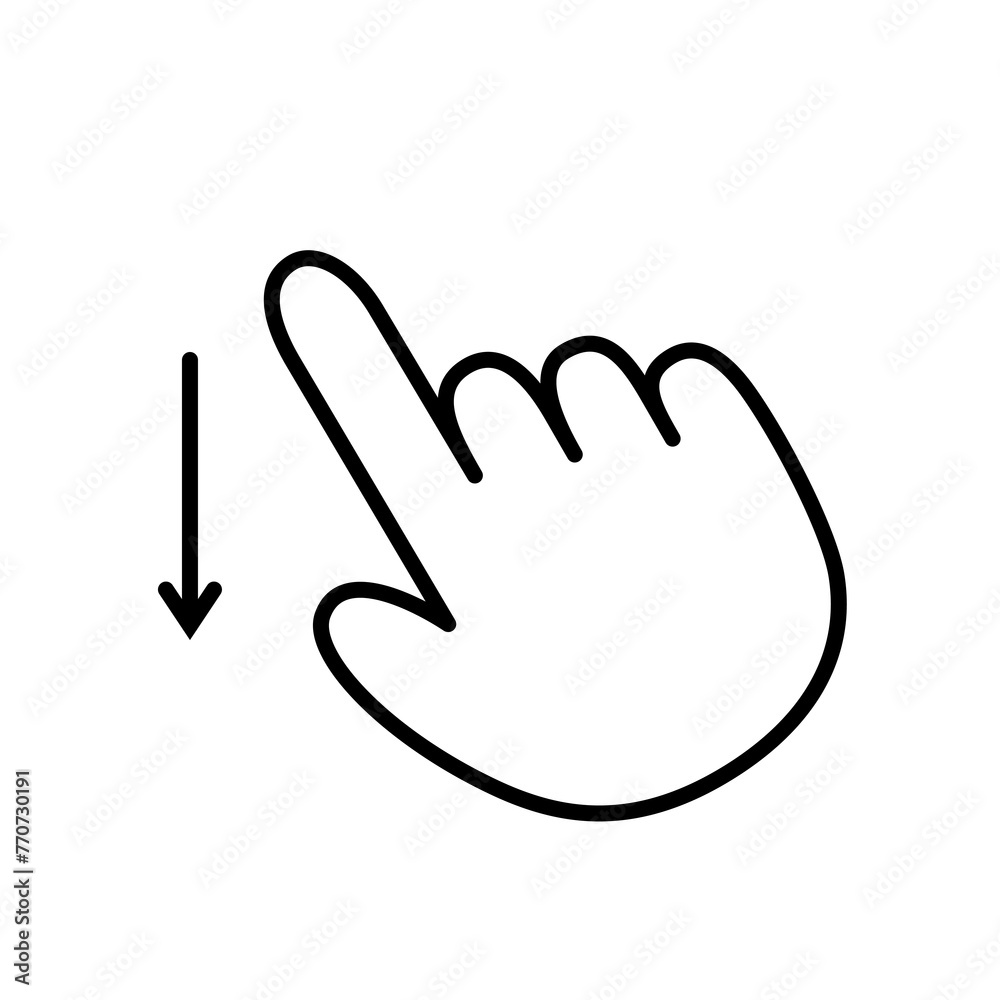 Pointing hand swipe down gesture isolated vector icon. Move downward hand gesture cutout clipart ...