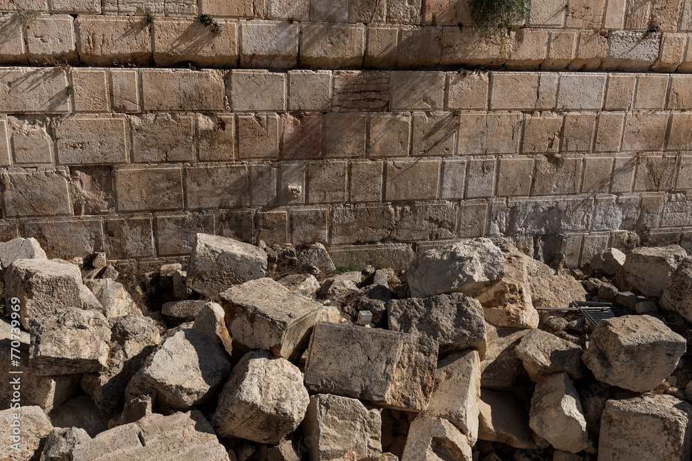 Large rock pile at the base of the Western Wall in Jerusalem, beneath ...