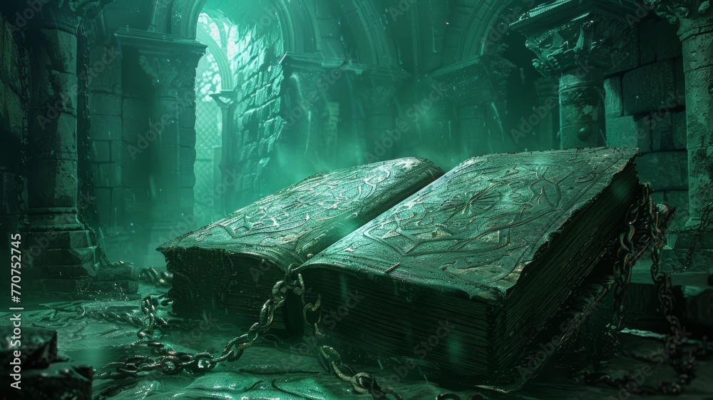 Warlock's grimoire chained in a crypt, forbidden knowledge Stock ...