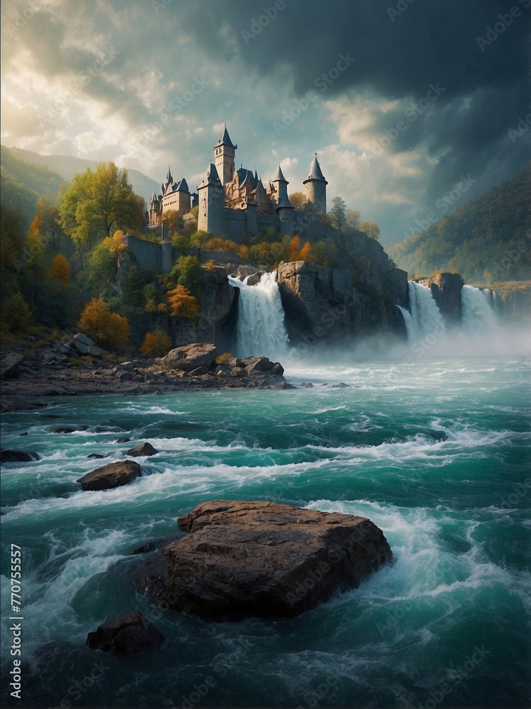 Majestic Waterfall Castle Enchanting Fantasy Landscape with Dreamy ...