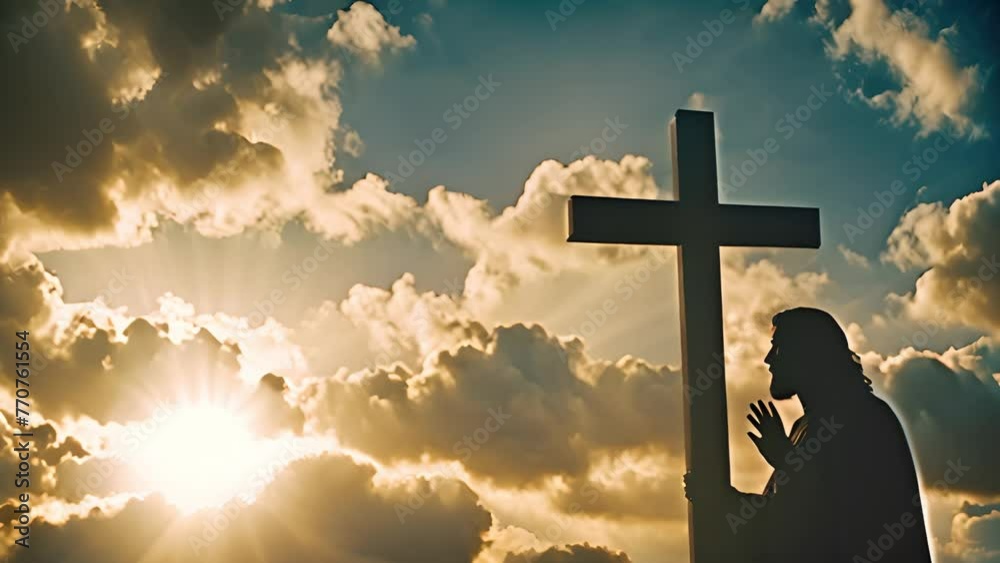 The resurrected Jesus Christ ascending to heaven above the bright light ...