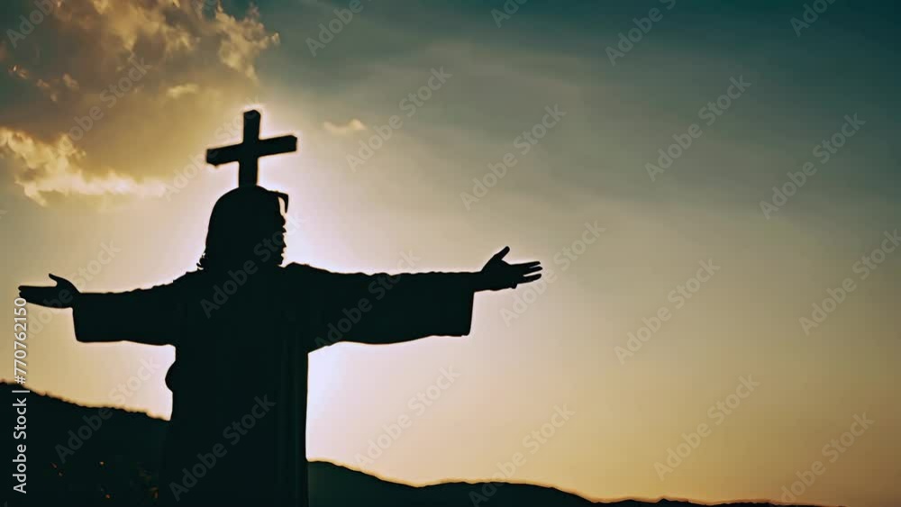 The resurrected Jesus Christ ascending to heaven above the bright light ...