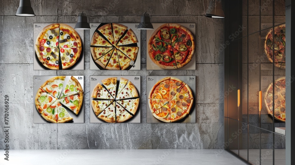 Loads of pizza images as posters on a grey wall. Office design ...