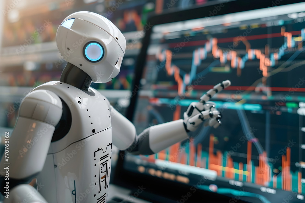 robot touching a computer display with chart graphs Stock Photo | Adobe ...
