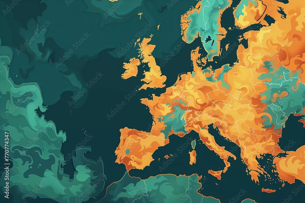 This powerful illustration uses fiery colors to depict Europe on a map ...