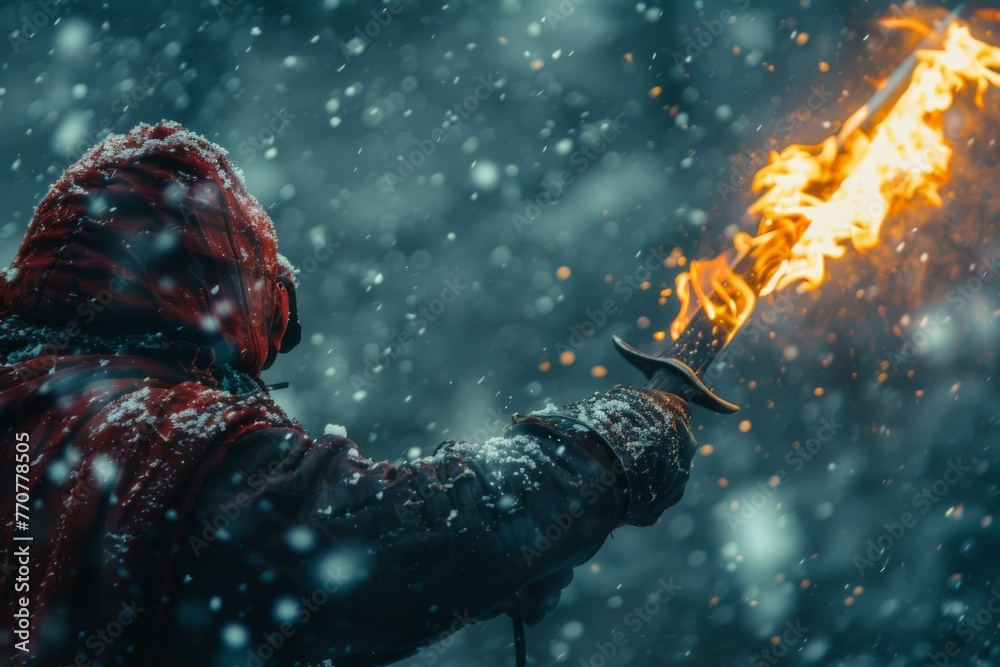 Fire and Ice Clash,A Warrior Brandishes a Flaming Sword in the Snowy ...