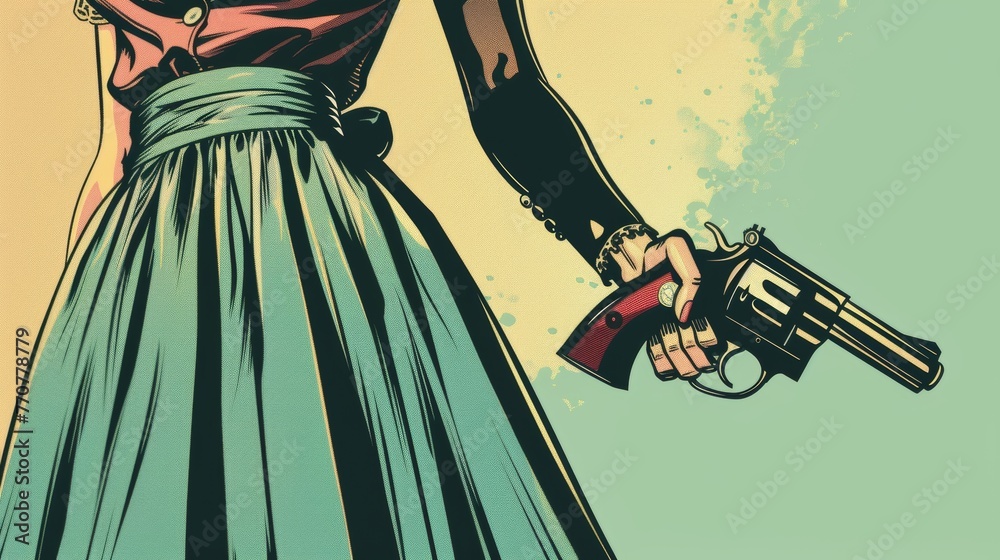 Vintage comic book style of an elegant long skirt female holding a ...