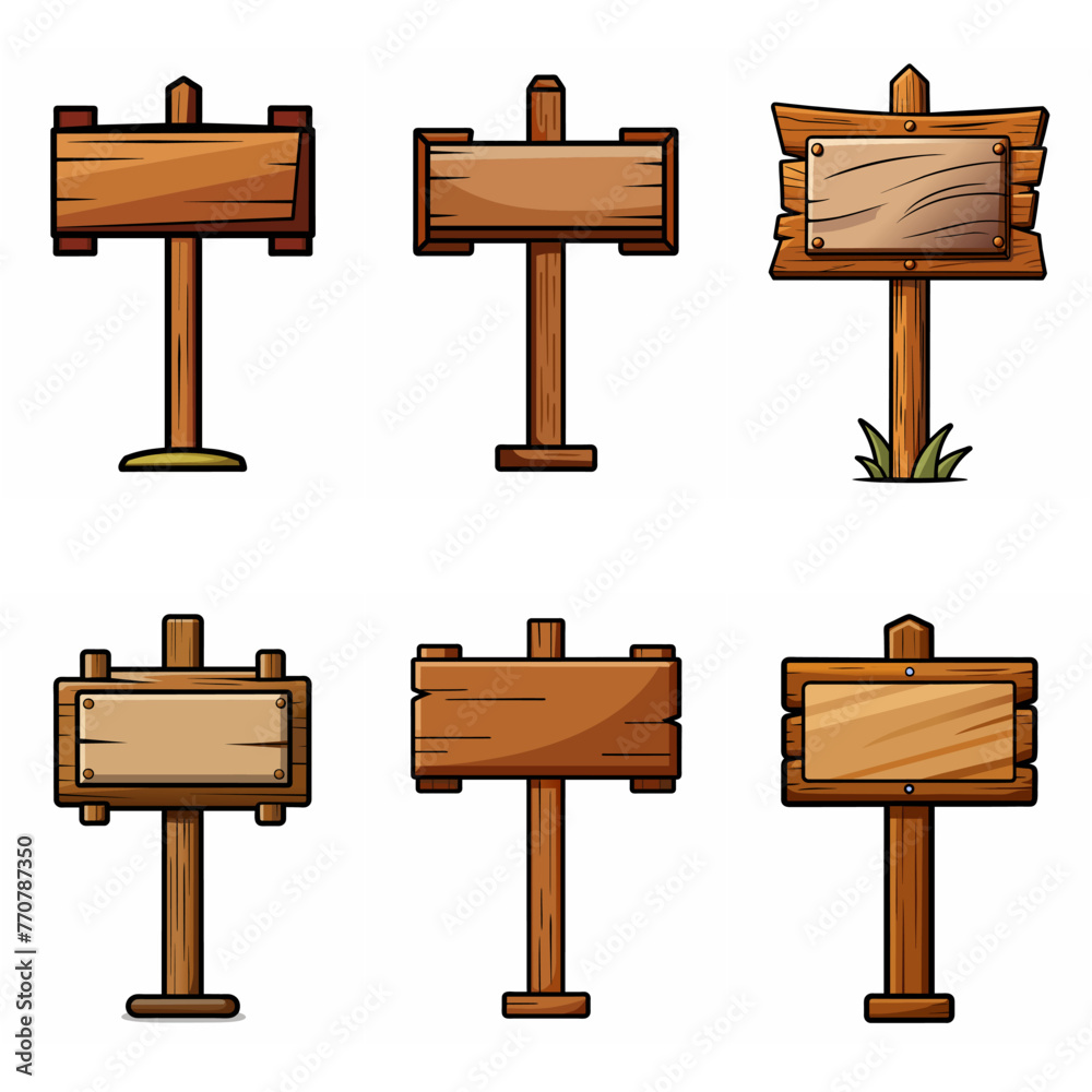 Wooden signboard set. Medieval vintage wood sign board on pole Road ...
