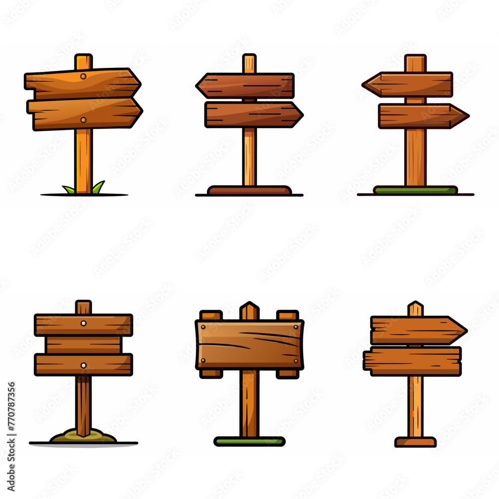 Wooden signboard set. Medieval vintage wood sign board on pole Road ...