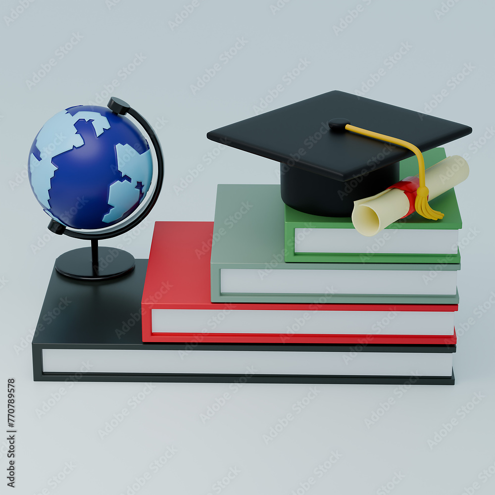 3d illustration of word graduation with graduate caps on white ...