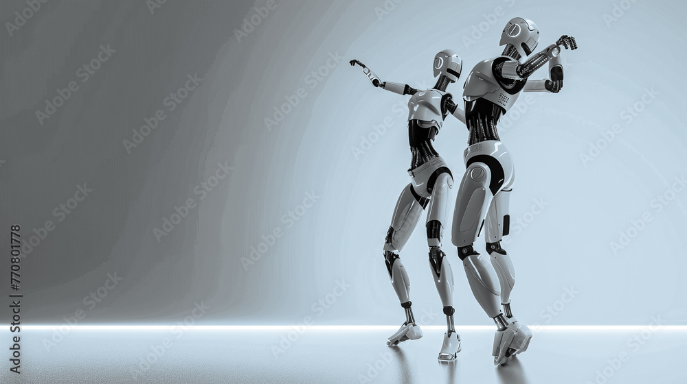 A Futuristic Scene With Two Elegant Robots Performing A Synchronized Dance Under Dynamic