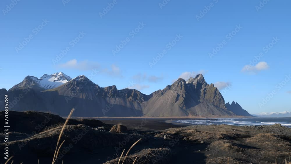 Vestrahorn Black Sand Beach with Brunnhorn and Krossanesfjall Mountain ...