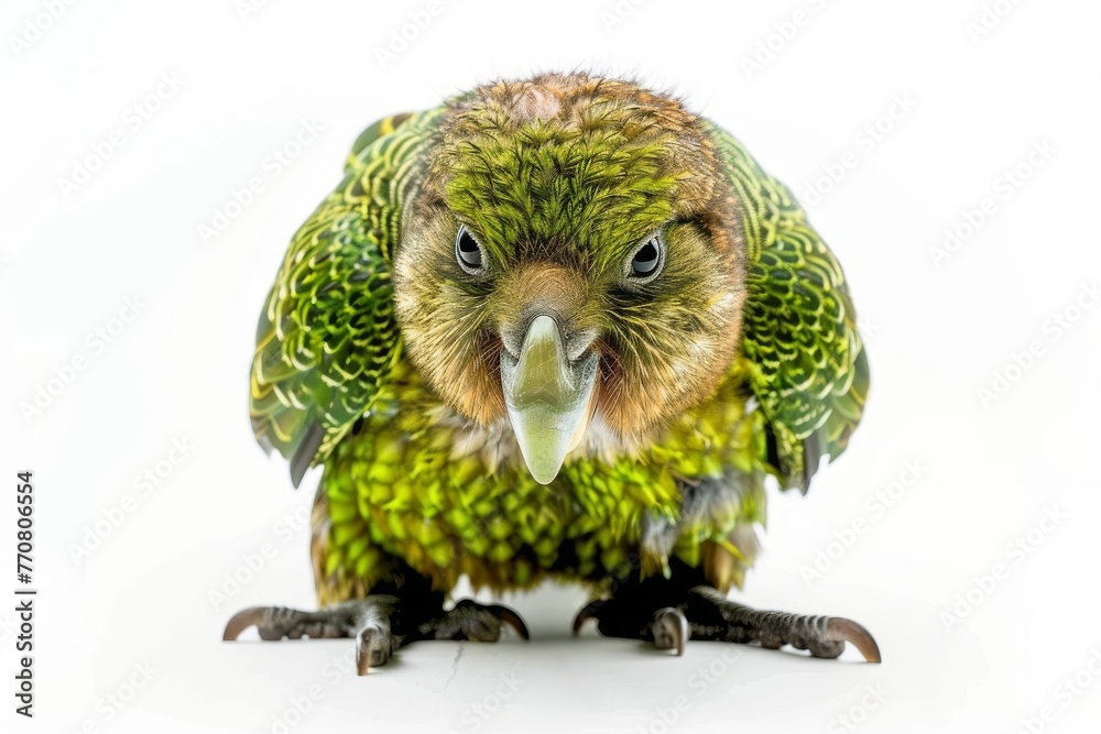 Curious and rare kakapo bird isolated on a white background, full body ...