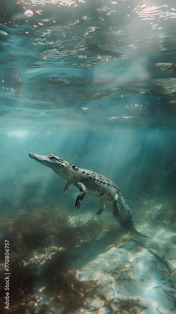 American crocodile swimming in ocean, fog around. Crocodile swimming in ...