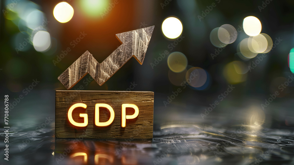 Word “GDP” and arrow up show financial growth, meaning is Gross ...
