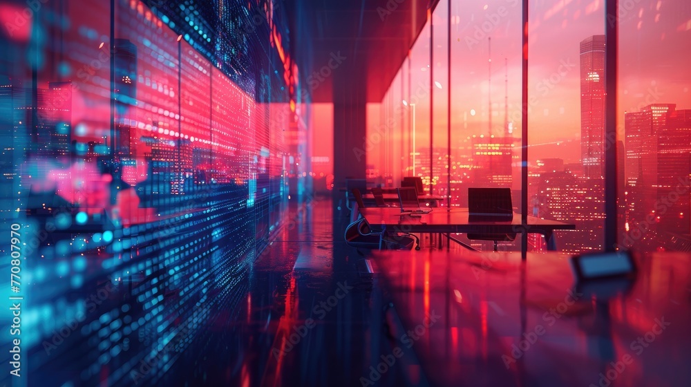 office interior with information technology overlay on screen ...