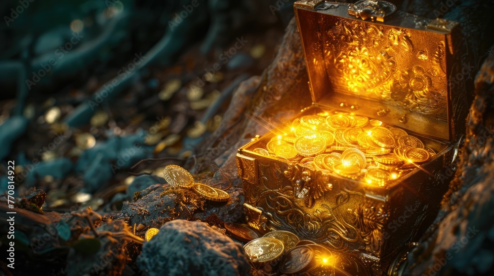 Mystical scene of an ancient gift box opening to a glow of gold coins ...