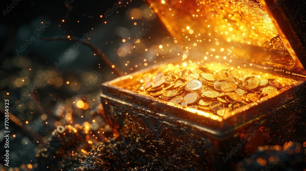 Mystical scene of an ancient gift box opening to a glow of gold coins ...