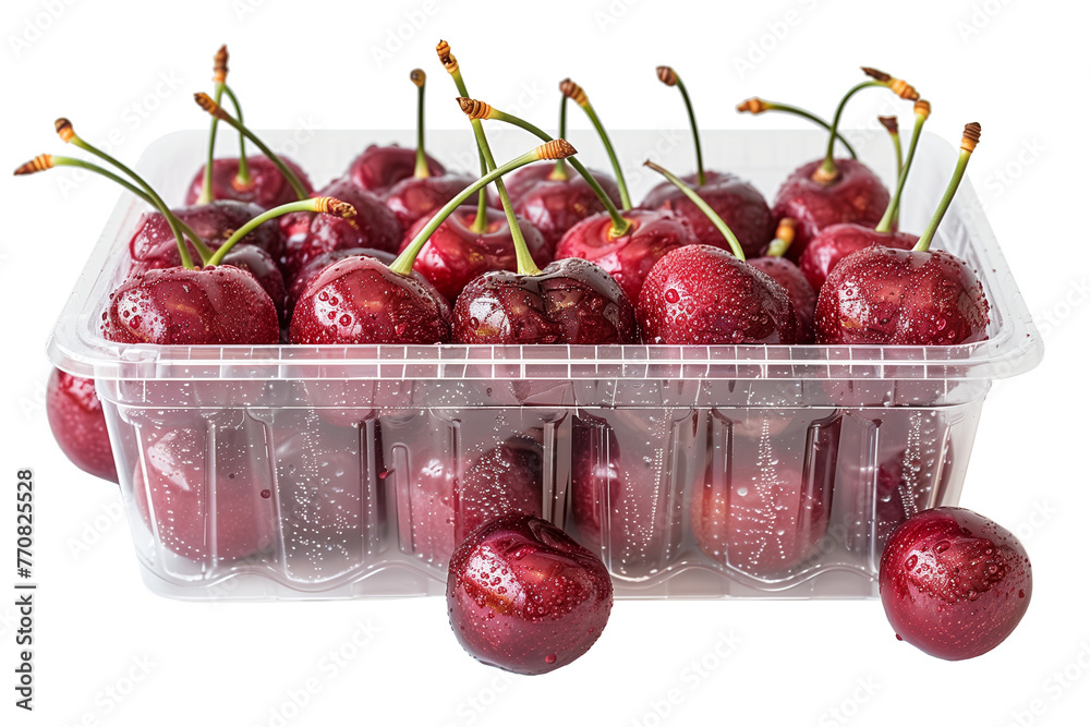 Cherries in the plastic shop package isolated on transparent background ...