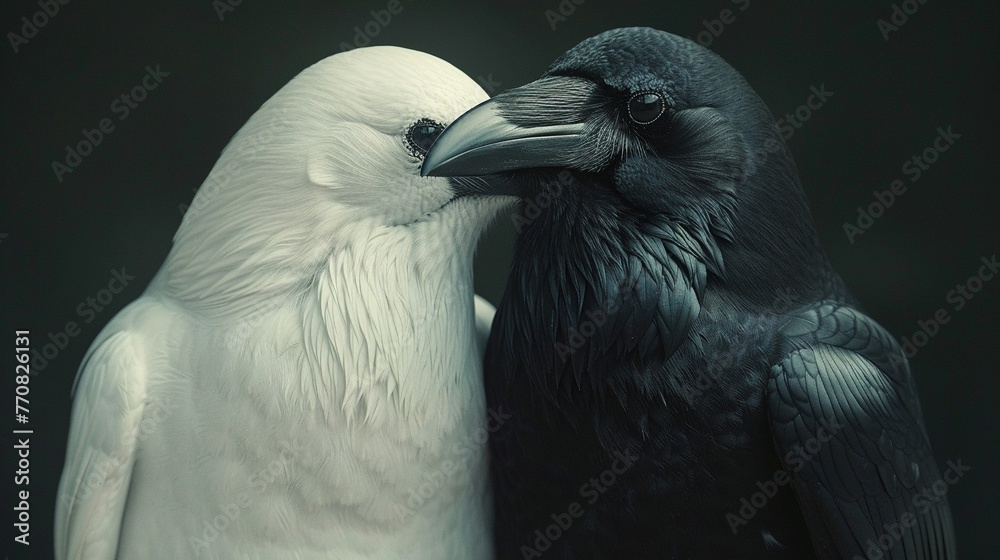 A serene tableau featuring a white crow and a black crow exploring ...