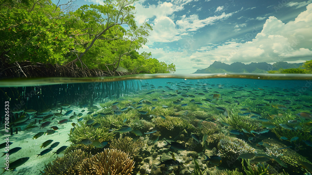 A coastal ecosystem with mangrove forests and coral reefs teeming with ...