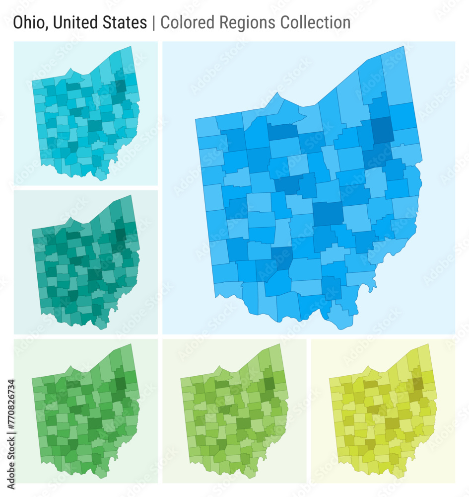 Ohio, United States. Map collection. State shape. Colored counties ...