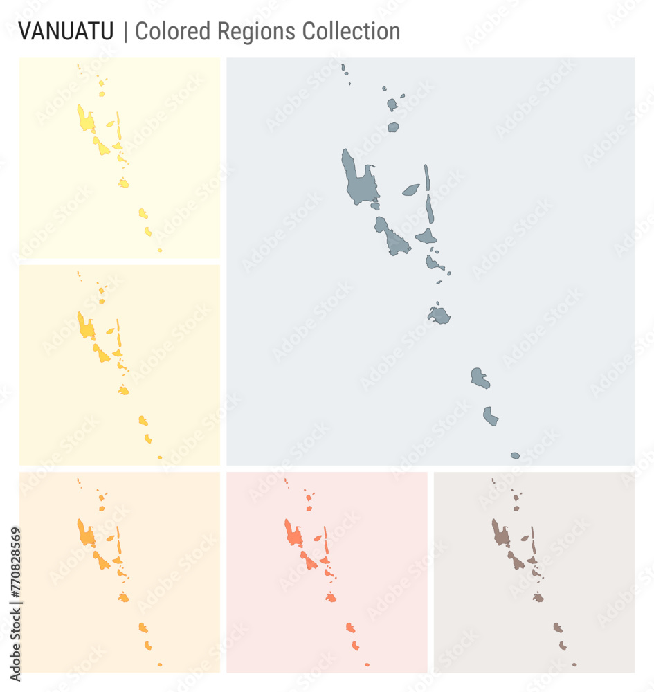 Vanuatu map collection. Country shape with colored regions. Blue Grey ...