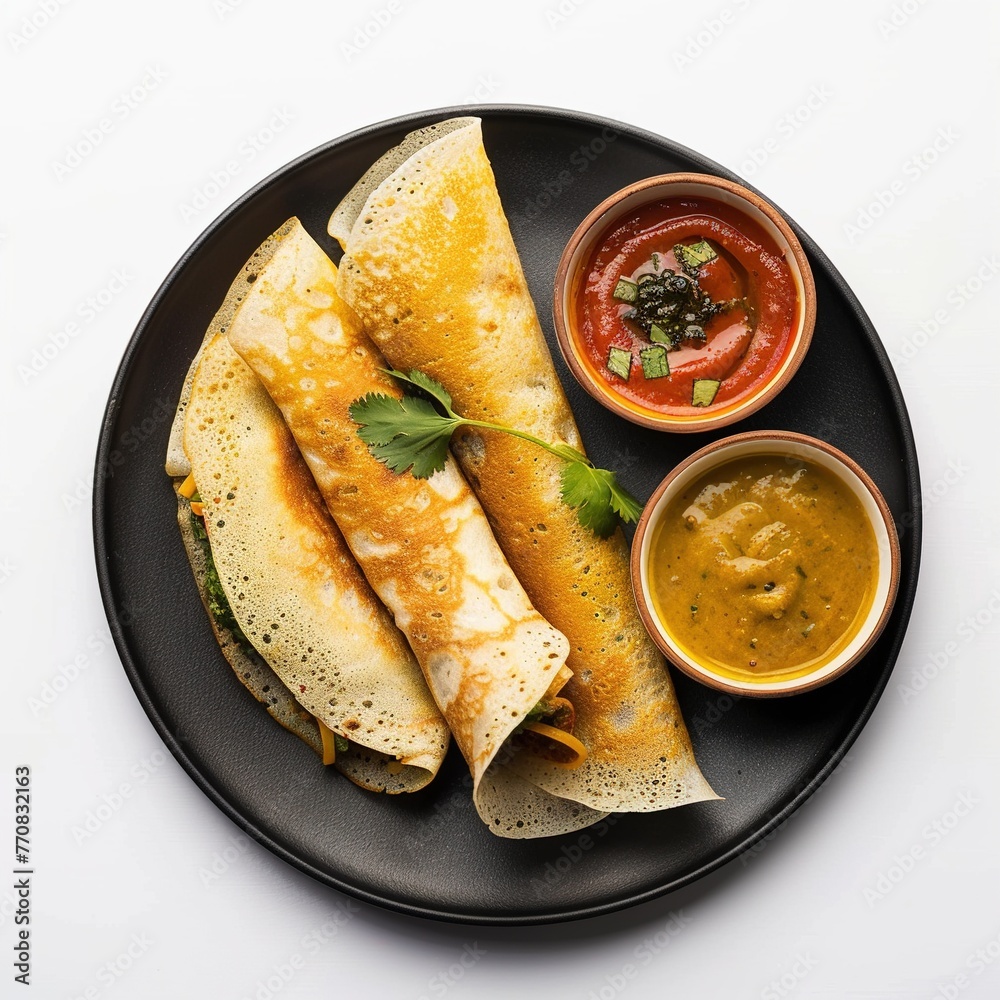 Cheese masala dosa recipe with sambar and chutney, selective focus top ...